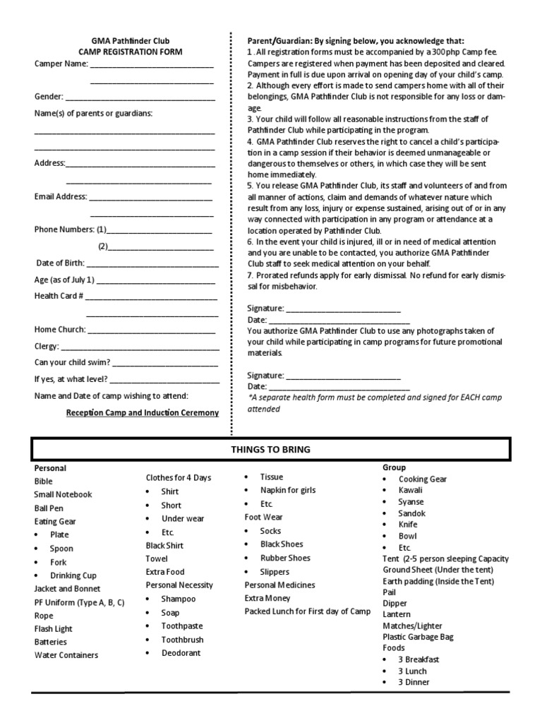 GMA Pathfinder Club Camp Registration Form Parent/Guardian: by Signing ...