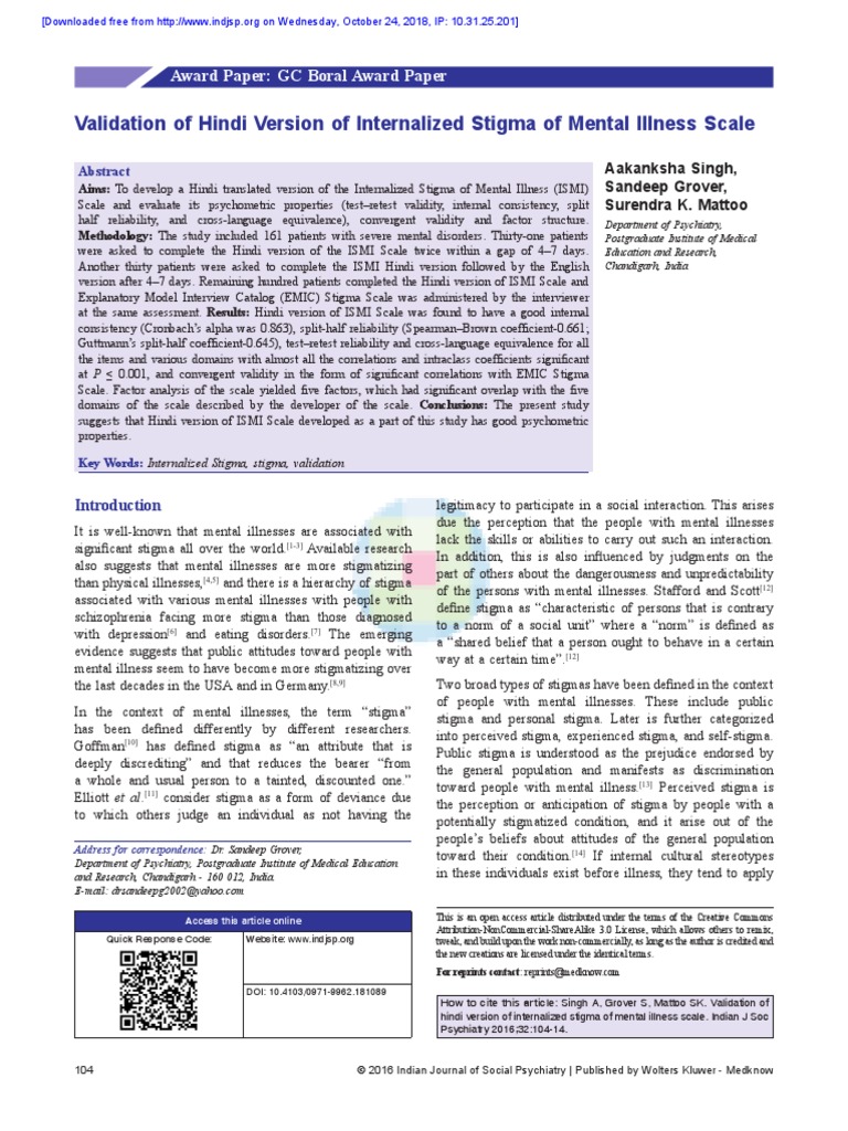 Validation of Hindi Version of Internalized Stigma of Mental Illness ...