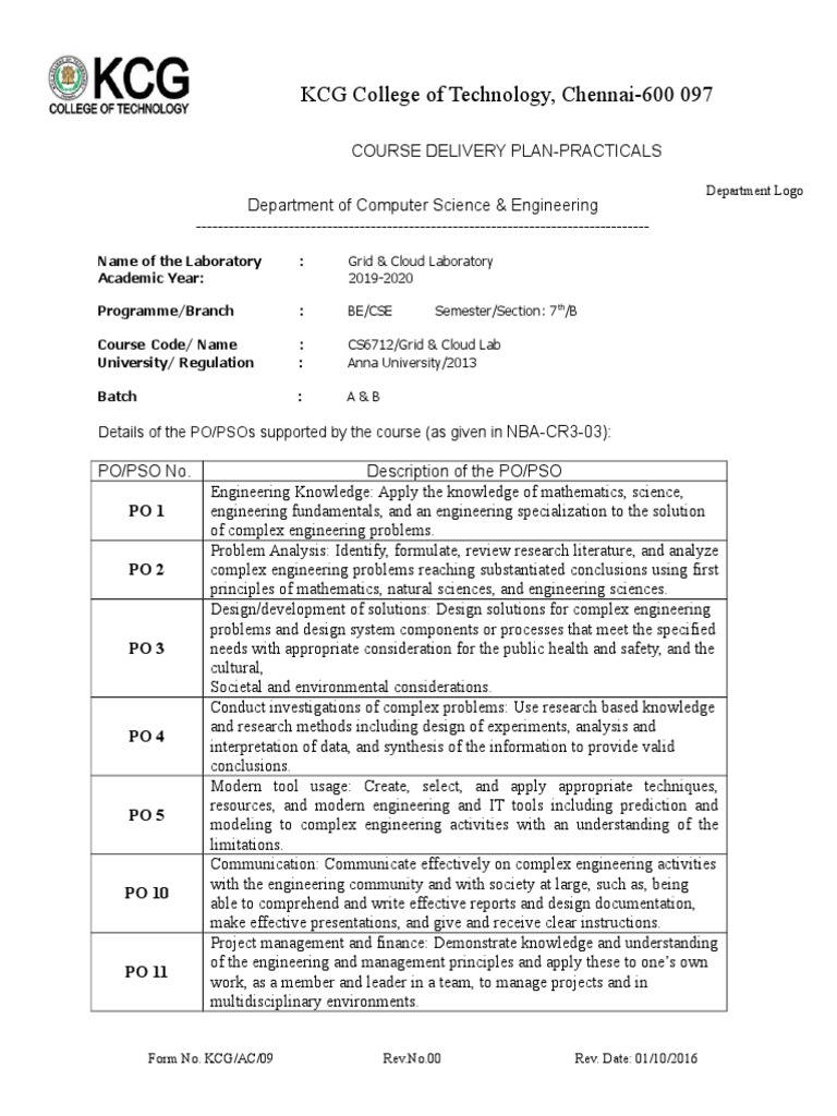 AC 09 Course Delivery Plan Practicals GCC Lab CDP | PDF | Engineering ...