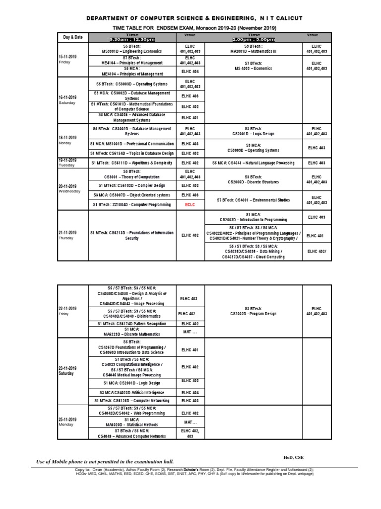 NIT Calicut End Semester Exam Timetable 2019 | PDF | Computer Science ...