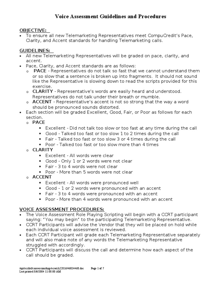 Telemarketing Voice Assessment Guidelines | PDF | Credit Card | Business