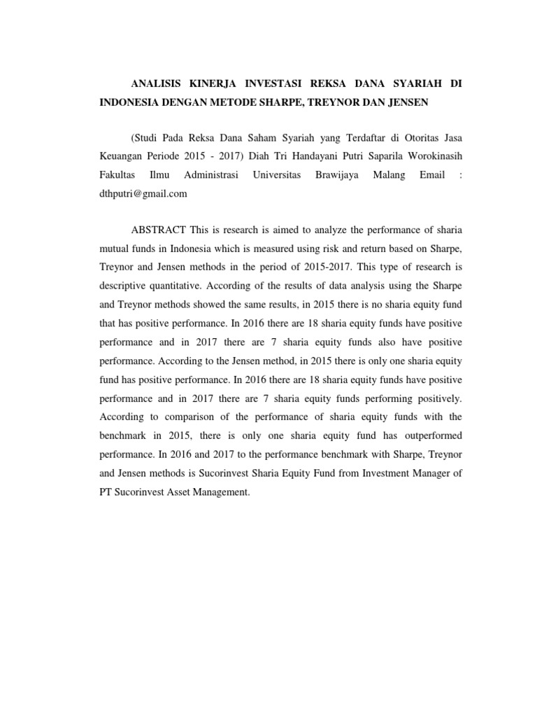 Analisis Kinerja Investasi Reksa Dana Syariah Di Indonesia Dengan Metode Sharpe, Treynor Dan ...