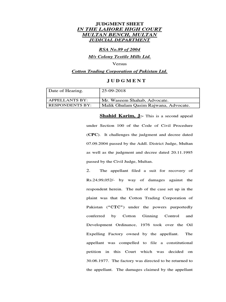 In The Lahore High Court Multan Bench, Multan: Versus | PDF | Judgment ...