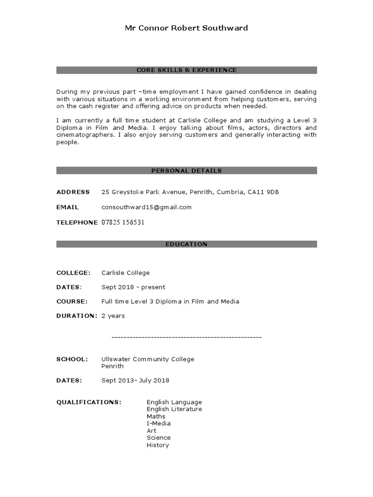 Connor Southward CV 1 | PDF | Behavior Modification | Communication