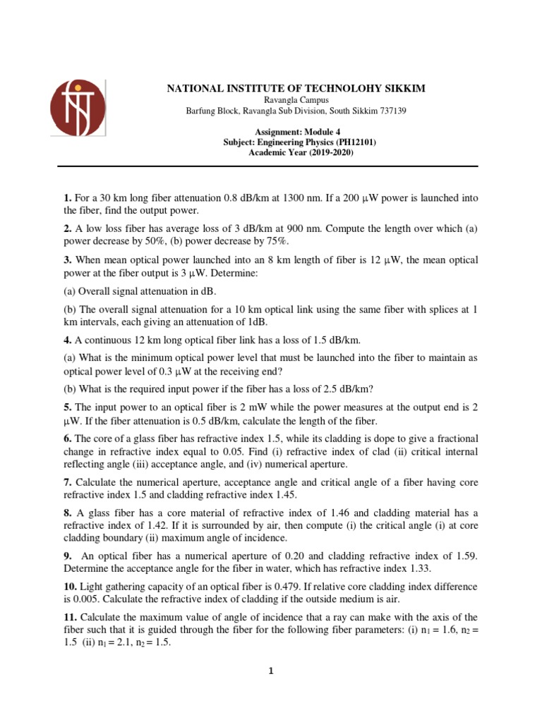 Assignment Engg Phys Fiber Optics | PDF | Optical Fiber | Refractive Index