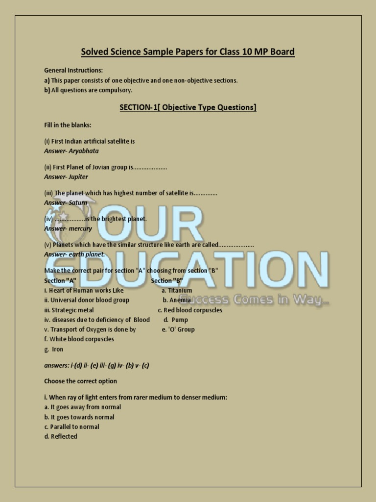 Solved Science Sample Papers For Class 10 MP Board | PDF ...
