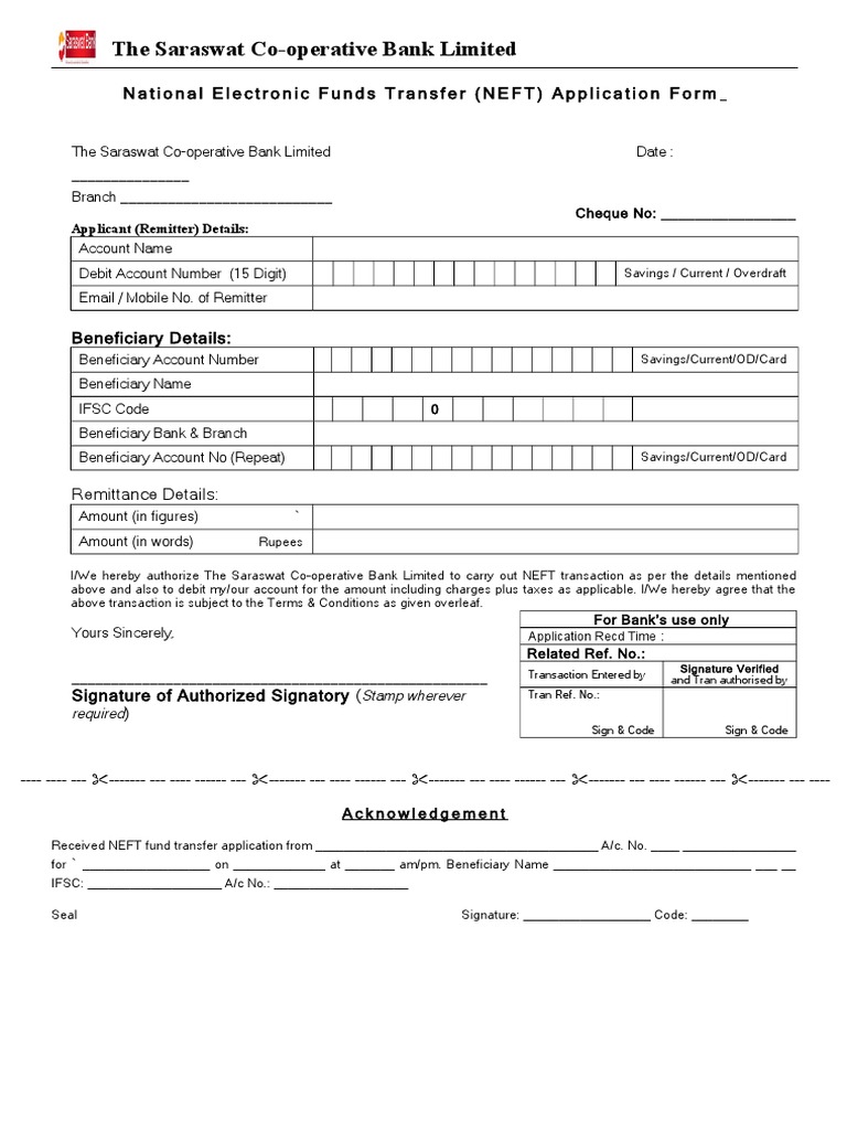 The Saraswat Co-Operative Bank Limited: National Electronic Funds Transfer (NEFT) Application ...