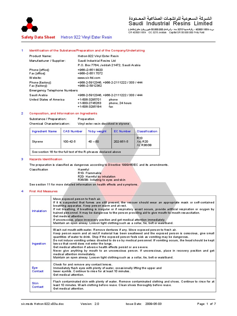 Saudi Industrial Resins Limited: Hetron 922 Vinyl Ester Resin | Download Free PDF | Fires ...