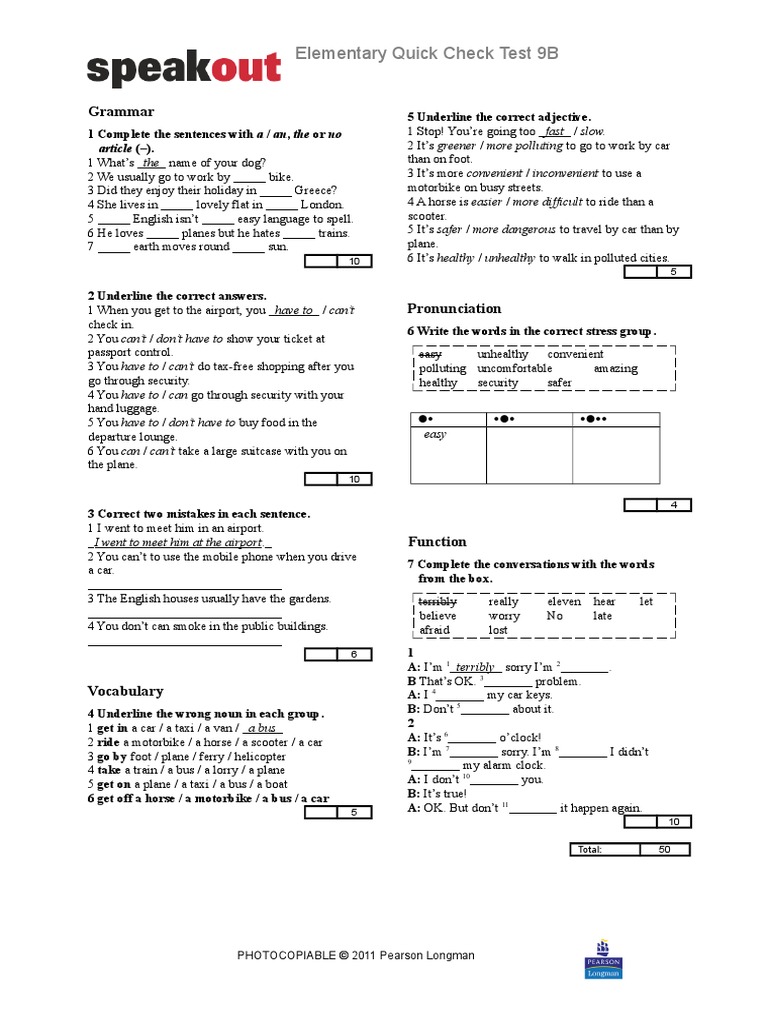 Elementary Quick Check Test 9B: Grammar | PDF | Languages | Language ...