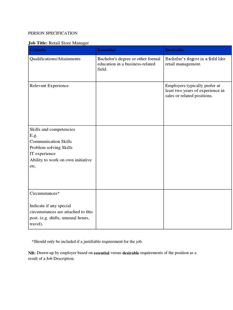Sample Person Specification Document