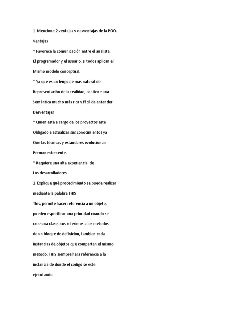 1 Mencione 2 Ventajas y Desventajas de La POO | PDF | Objeto ...