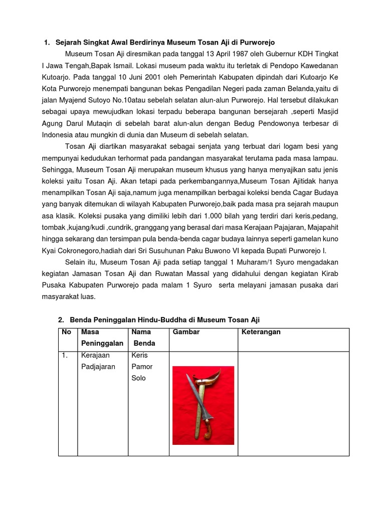 Sejarah Museum Tosan Aji Purworejo | PDF