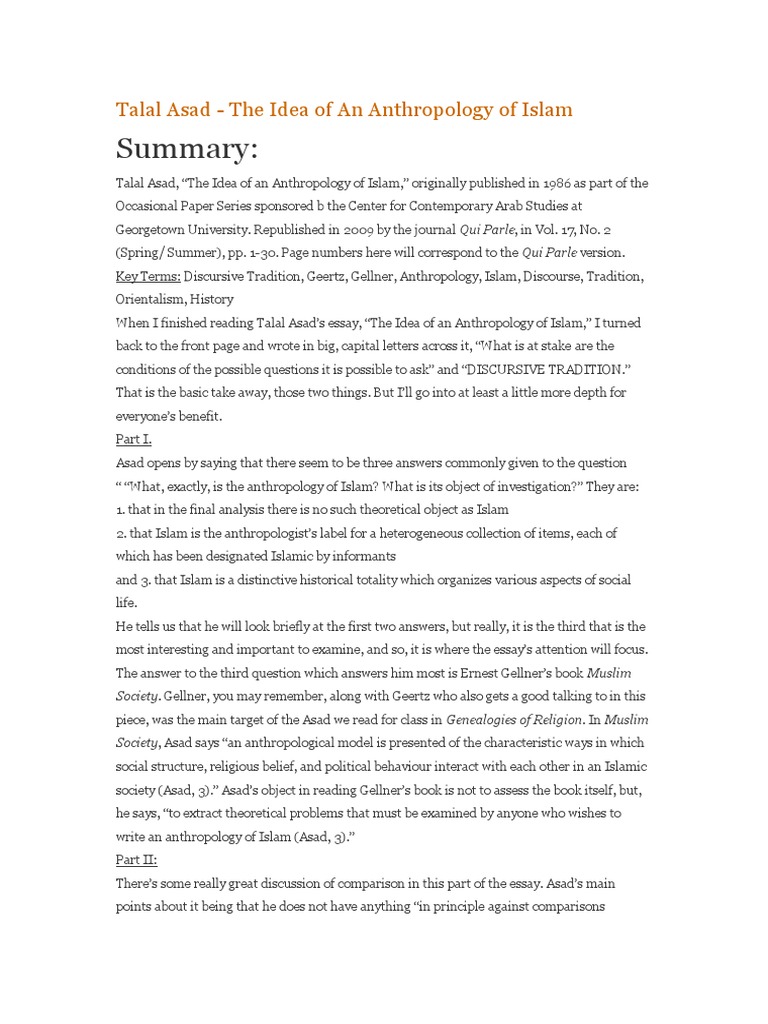 Summary:: Talal Asad - The Idea of An Anthropology of Islam | PDF ...