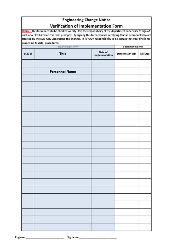 Verification of Implementation Form: Engineering Change Notice | PDF