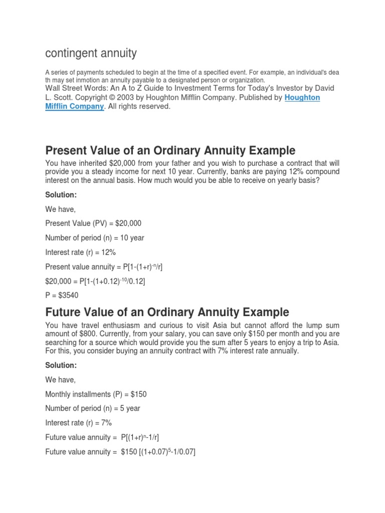 Contingent Annuity: Present Value of An Ordinary Annuity Example | PDF