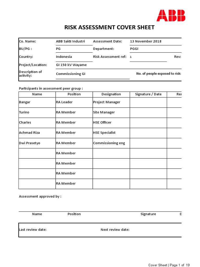 Risk Assessment Cover Sheet: No. of People Exposed To Risk | PDF ...