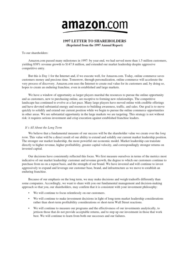 Amazon Letter To Shareholders in 1997 | PDF | Investing | Leadership