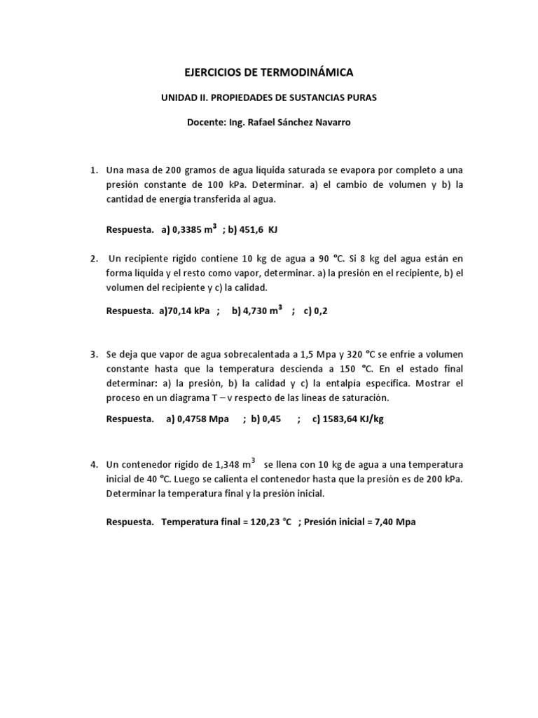 Ejercicios de Termodinámica. Unidad II - Propiedades de Sustancias Puras | PDF | Presión | Agua