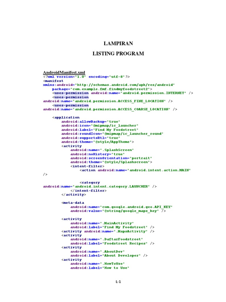 Lampiran Listing Program: Androidmanifest - XML | PDF | Android (Operating System) | Computer ...