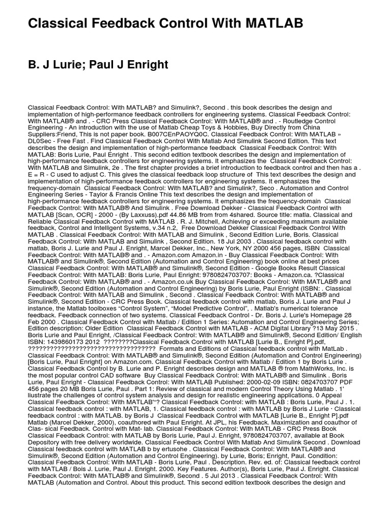 Classical Feedback Control With MATLAB: B. J Lurie Paul J Enright | PDF | Matlab | Control Theory