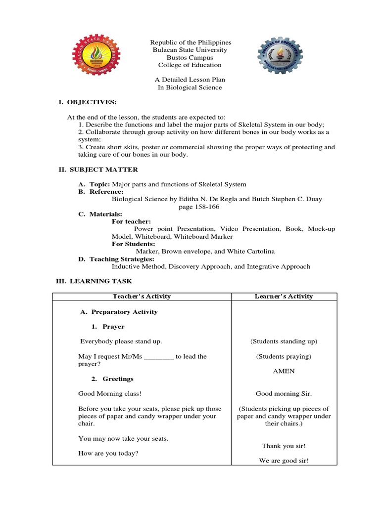 Skeletal System Lesson Plan | PDF | Skeleton | Bone