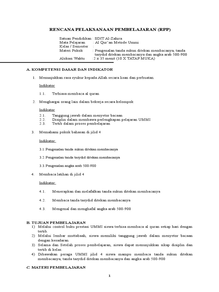 RPP Merode UMMI Jilid 4 | PDF | Seni & Disiplin Bahasa