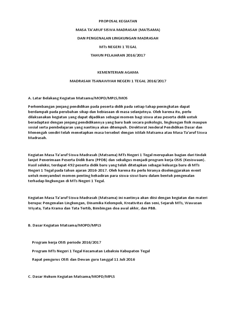 Contoh PROPOSAL KEGIATAN MATSAMA | PDF