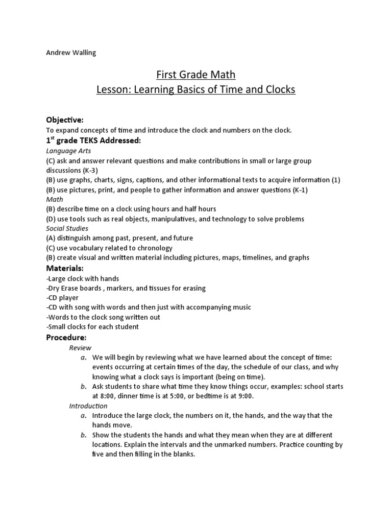 First Grade Math Lesson: Learning Basics of Time and Clocks: Objective ...