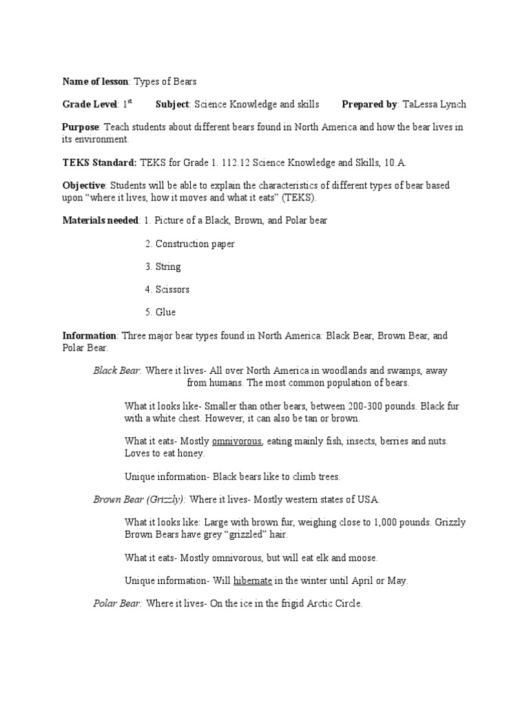 Lesson Plan | PDF | Bears | Polar Bear