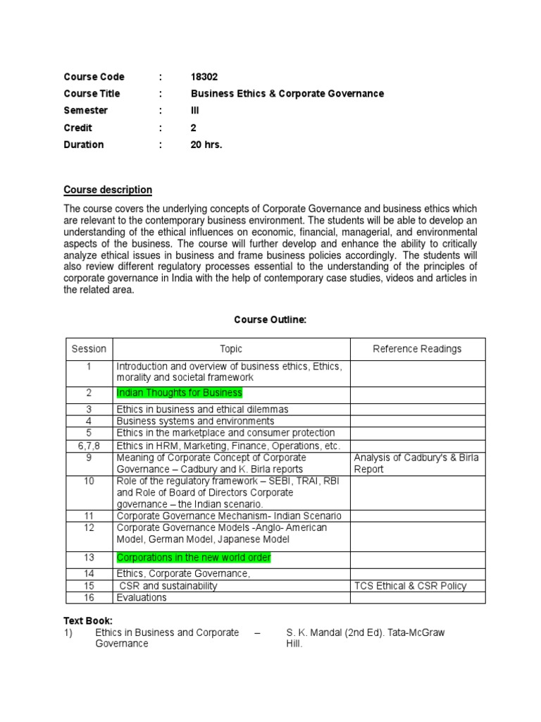 Course Ouline-Business Ethics & Corporate Governance | PDF | Corporate ...
