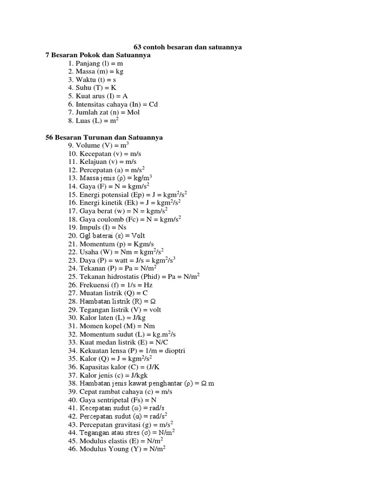 63 Contoh Besaran Dan Satuannya | PDF