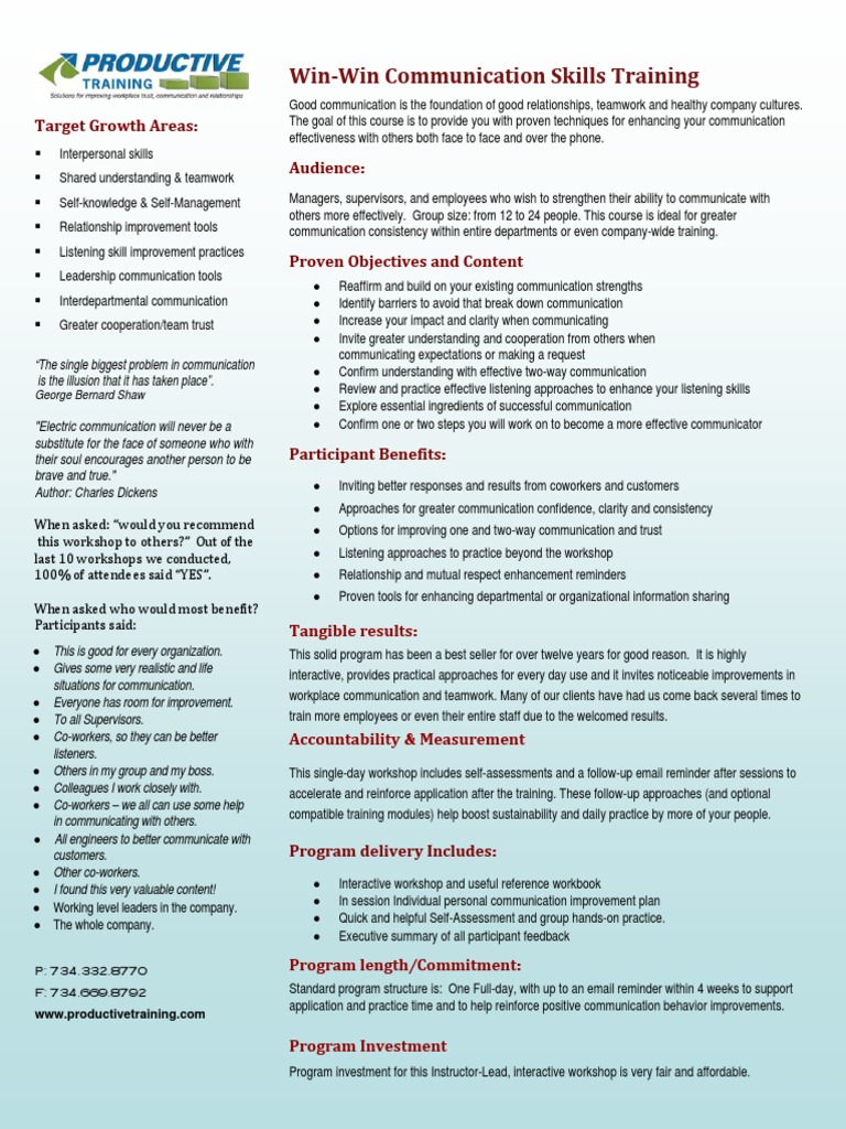 2 Win Win Communication Skills 1 Day Workshop Overview R7!20!13 | PDF ...