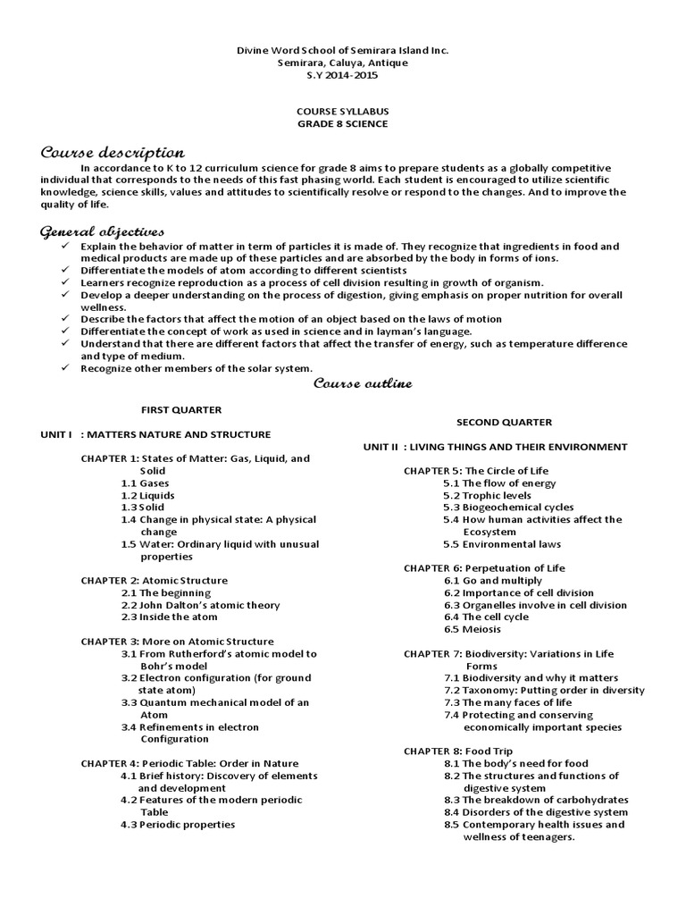 Grade 8 Science Course Syllabus 2014-2015 | PDF | Atoms | Science