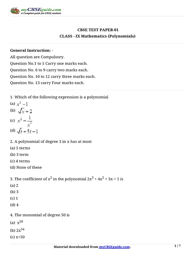 CLASS - IX Mathematics (Polynomials) : Material Downloaded From - 1 / 7 | PDF | Factorization ...