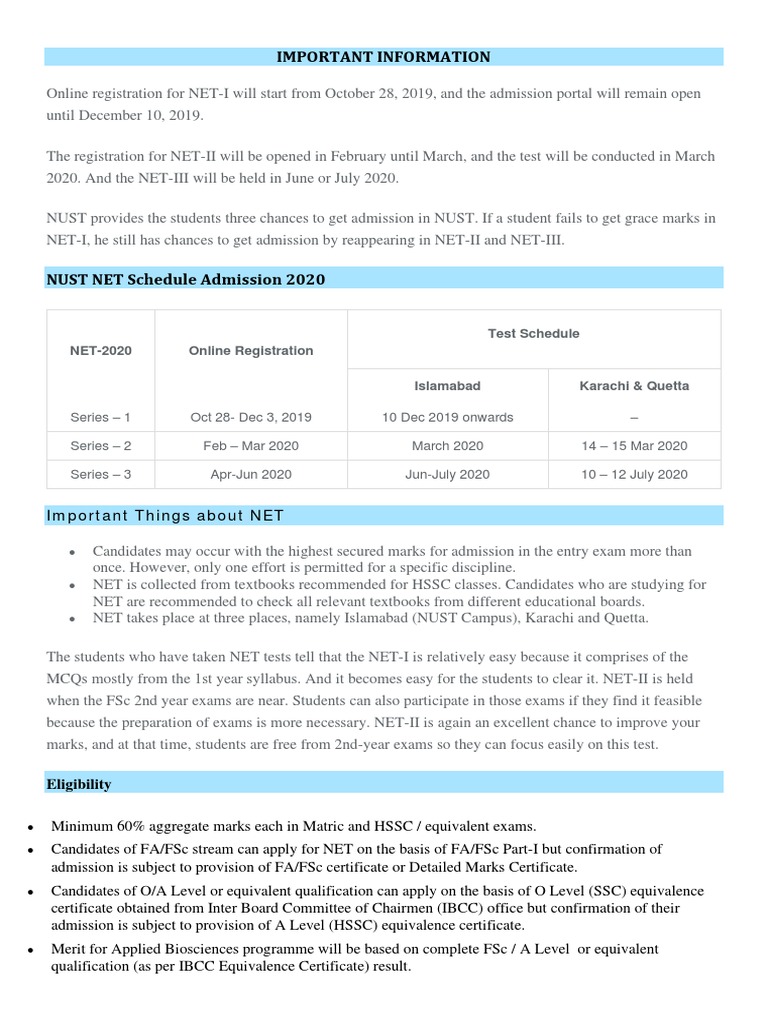 NET Admission Schedule and Test Pattern for NUST Engineering Programs ...