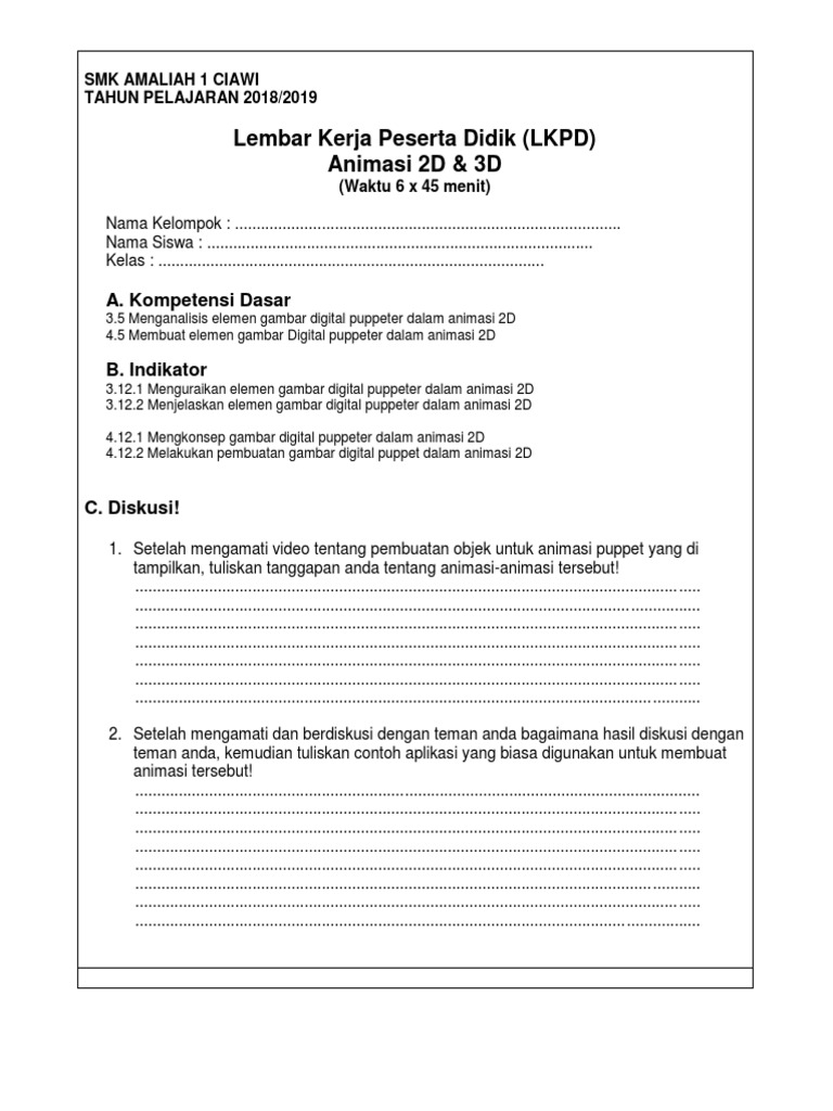 LKPD Animasi 2D & 3D SMK Ciawi | PDF | Game & Aktivitas | Seni