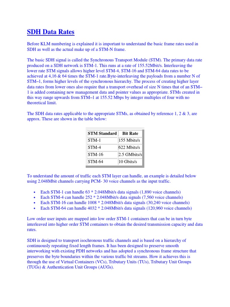 SDH Data Rates: STM Standard Bit Rate | PDF | Bit Rate ...