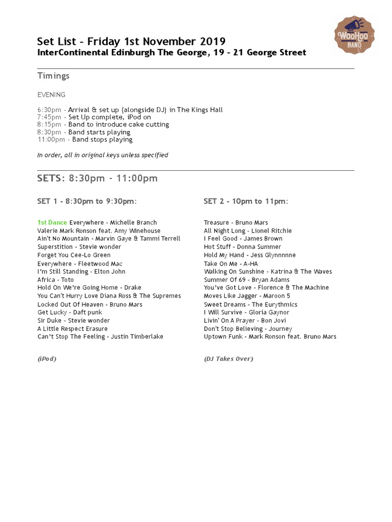 Edinburgh Event Set List - Nov 1, 2019 | PDF