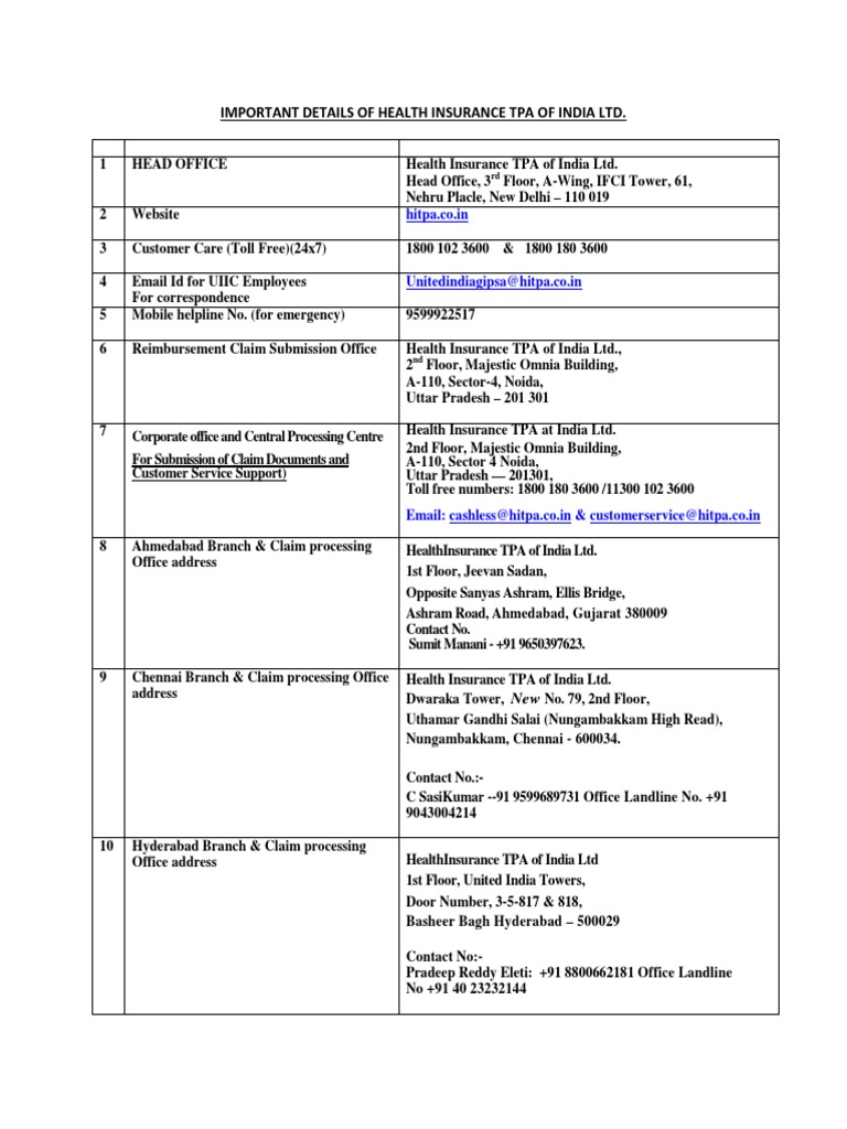 Health Insurance TPA India Contact Info | PDF | Business Law | Service ...