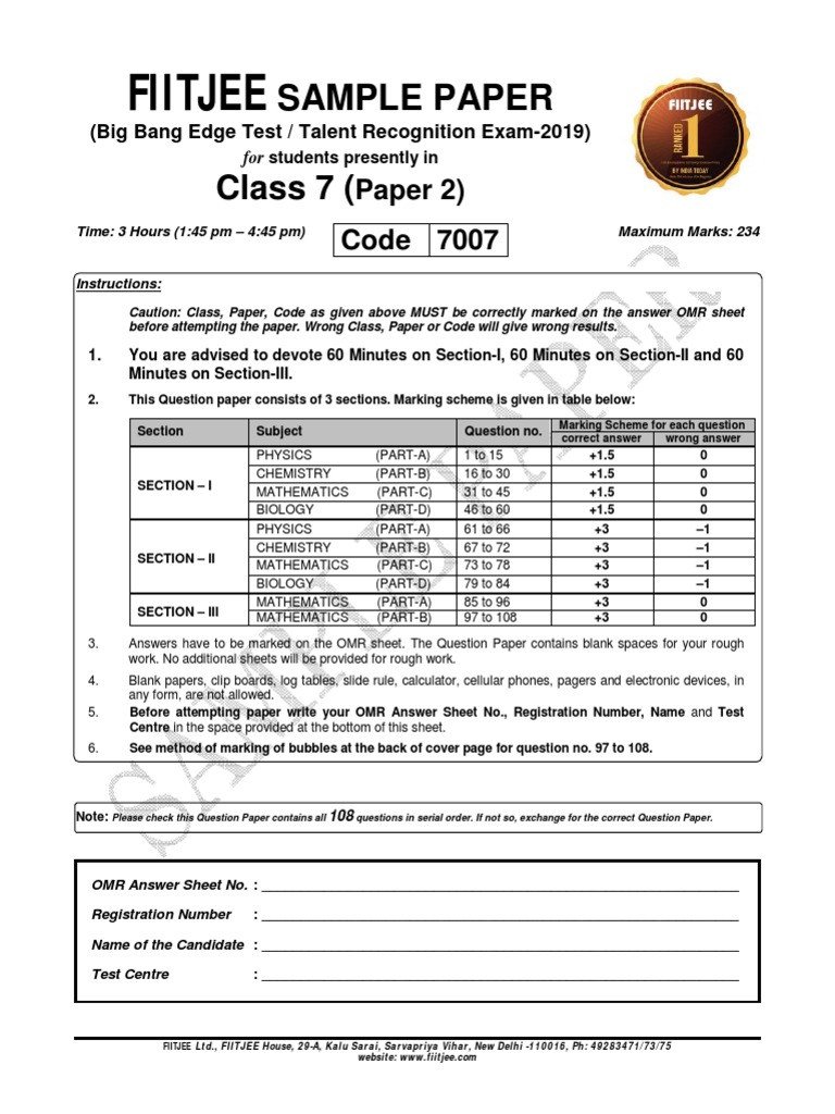 FIITJEE Class 7 Sample Paper 2019 | PDF | Celsius | Triangle