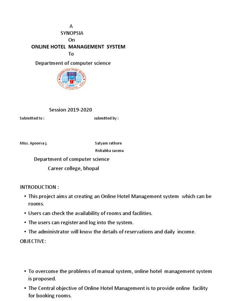 A Synopsia On To Department of Computer Science: Online Hotel Management System | PDF | Login ...