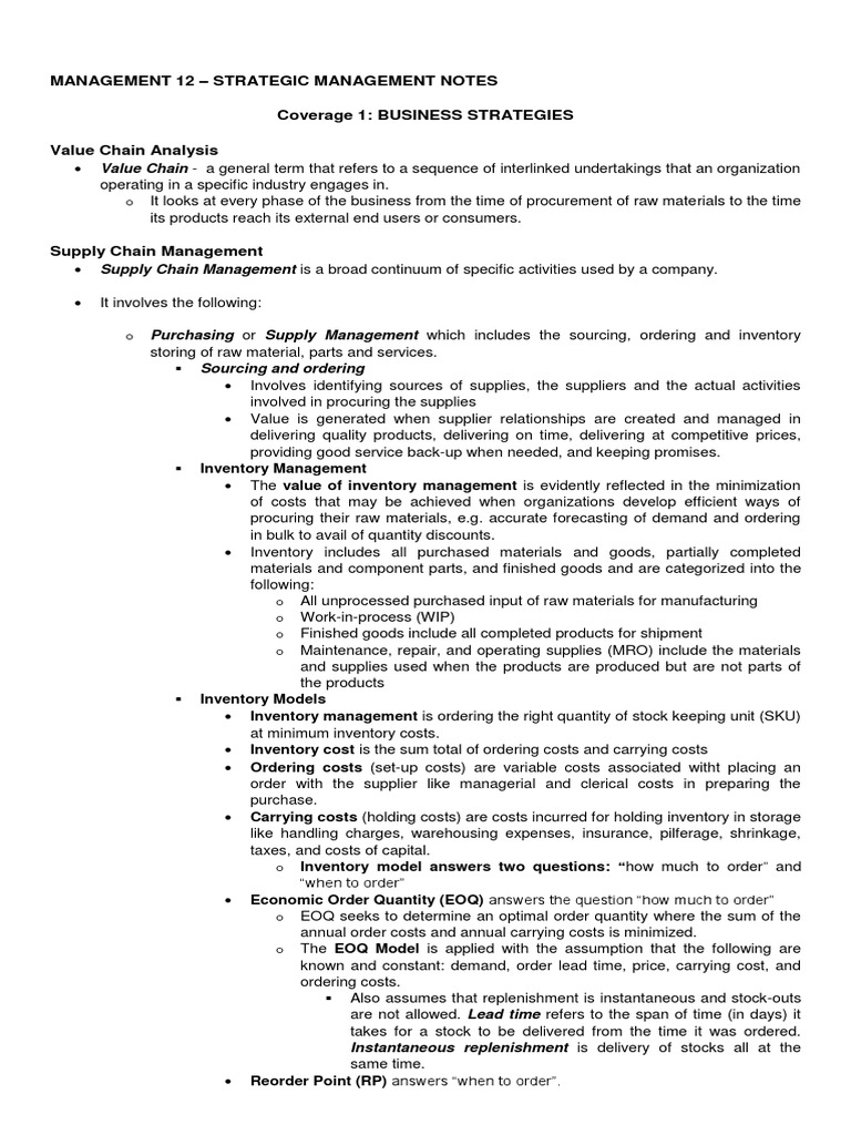Management 12 - Strategic Management Notes Coverage 1: Business ...