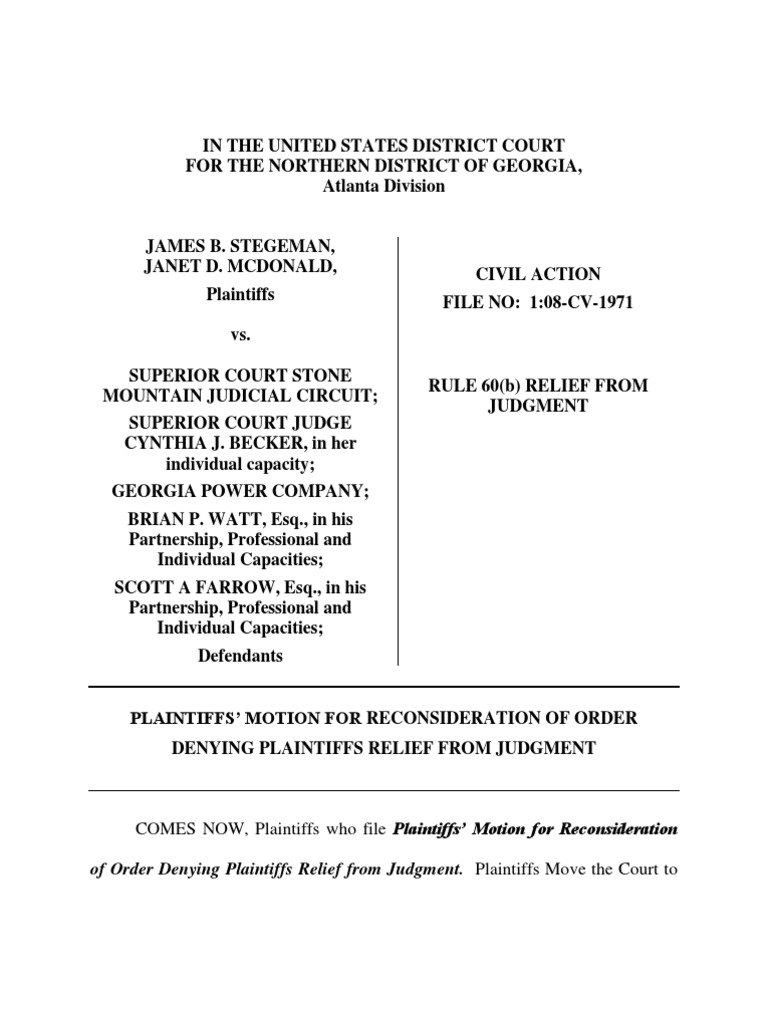 Motion For Reconsideration Denial of Plaintiff's Rule 60 (B) Motion ...