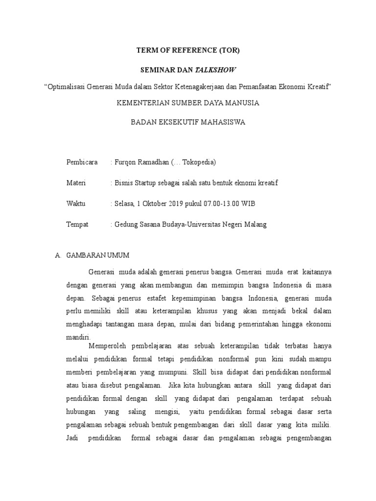 Term of Reference (Tor) Seminar & Talkshow Bem Um 2019 - Furqon ...