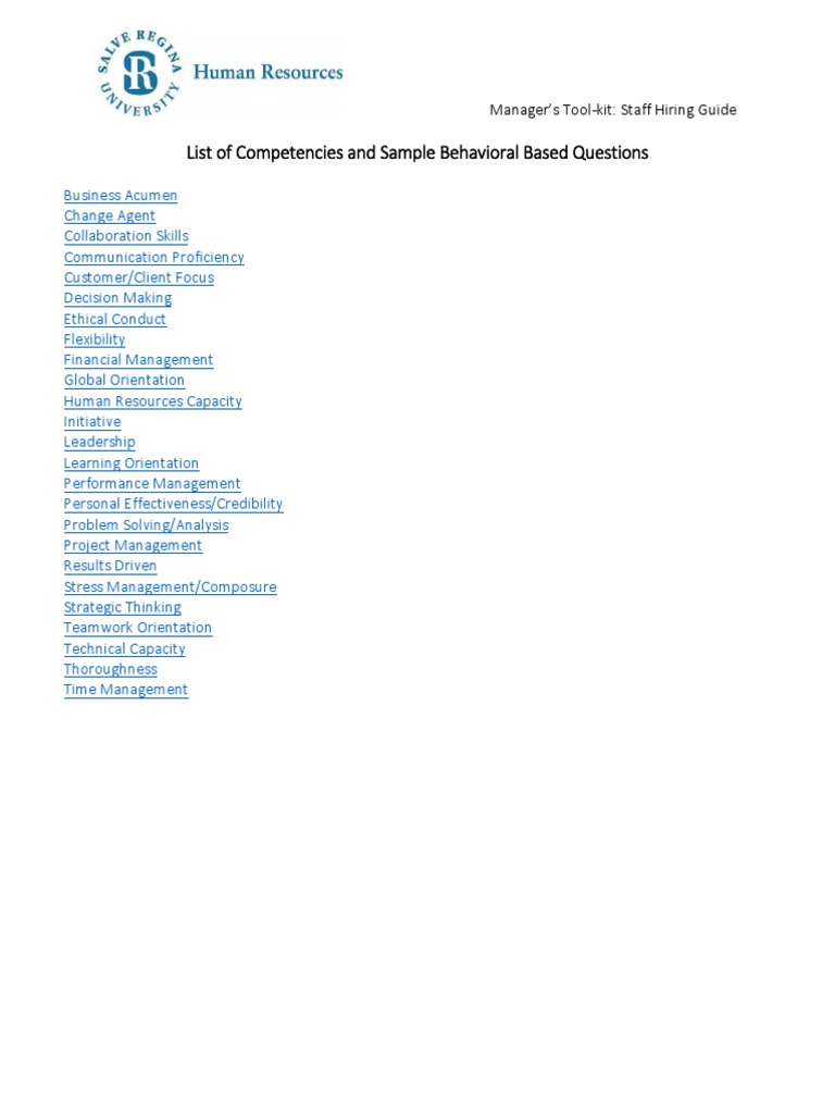 List of Competencies and Sample Behavioral Based Questions | PDF ...