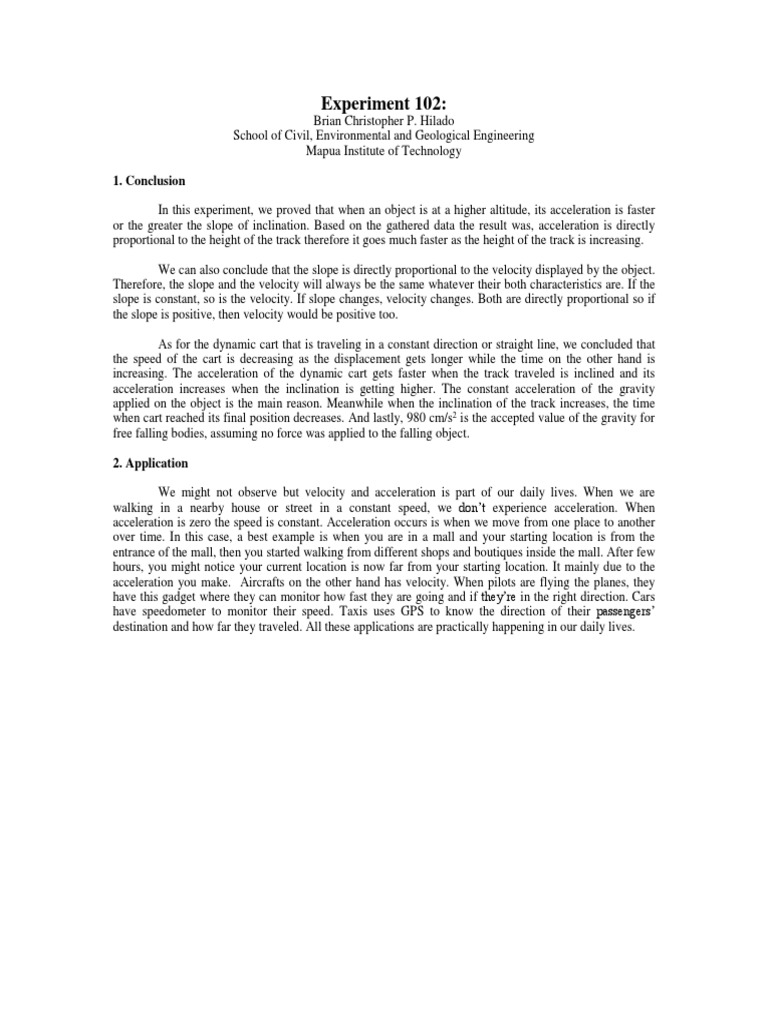 Experiment 102:: 1. Conclusion | PDF | Acceleration | Velocity