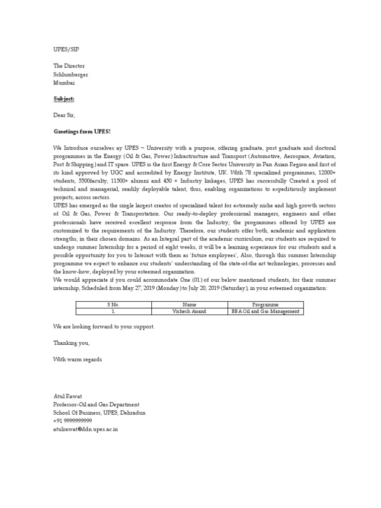 UPES Internship Request for Schlumberger | PDF | Career & Growth | Business