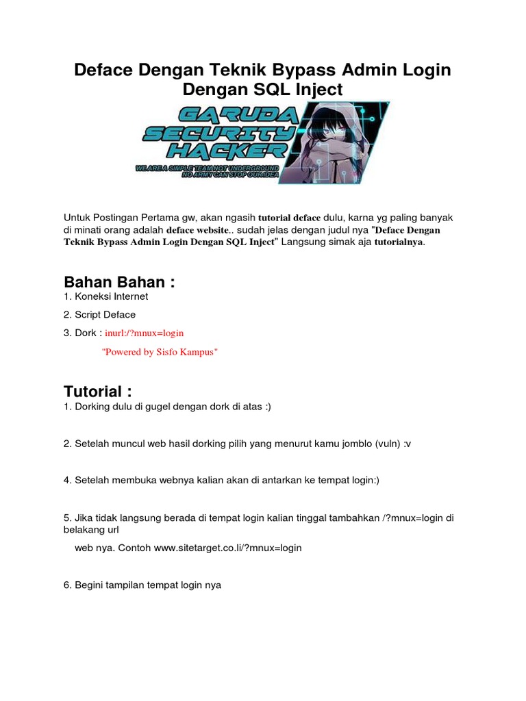 Deface Dengan Teknik Bypass Admin Login Dengan SQL Inject PDF | PDF Deface Dengan Teknik Bypass Admin Login Dengan SQL Inject PDF | PDF