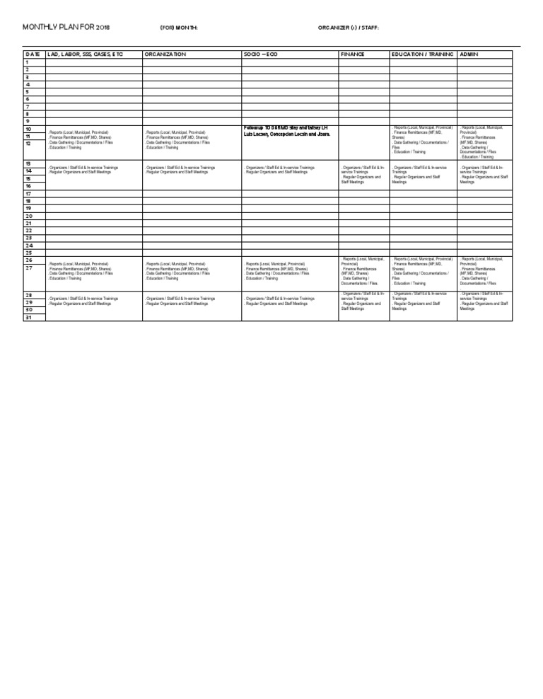 2018 Monthly Plan Form | PDF | Business