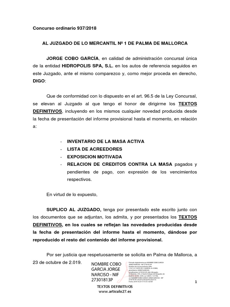 Textos Definitivos Hidropolis Spa | PDF | Sentencia (ley) | Póliza de ...